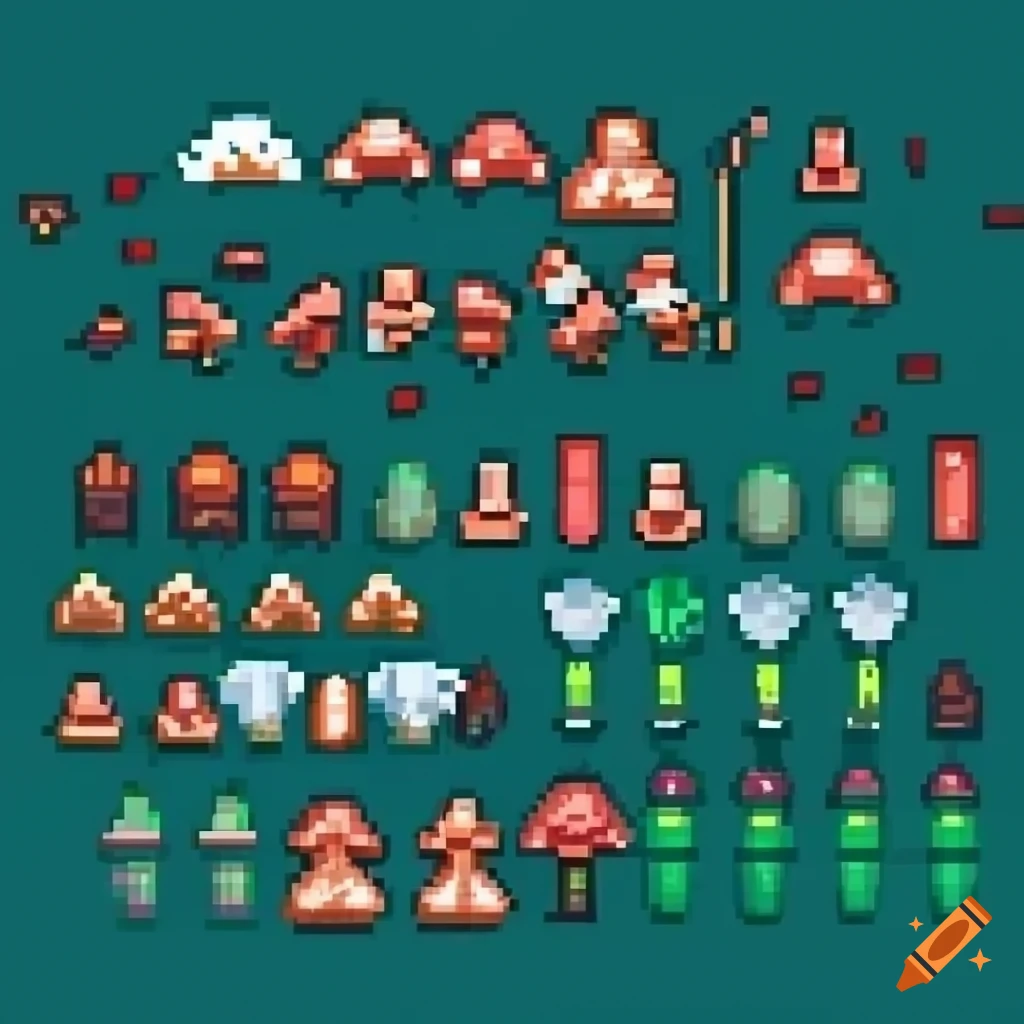Pixel art sprite sheet featuring ores, plants, trees, mushrooms, swords ...