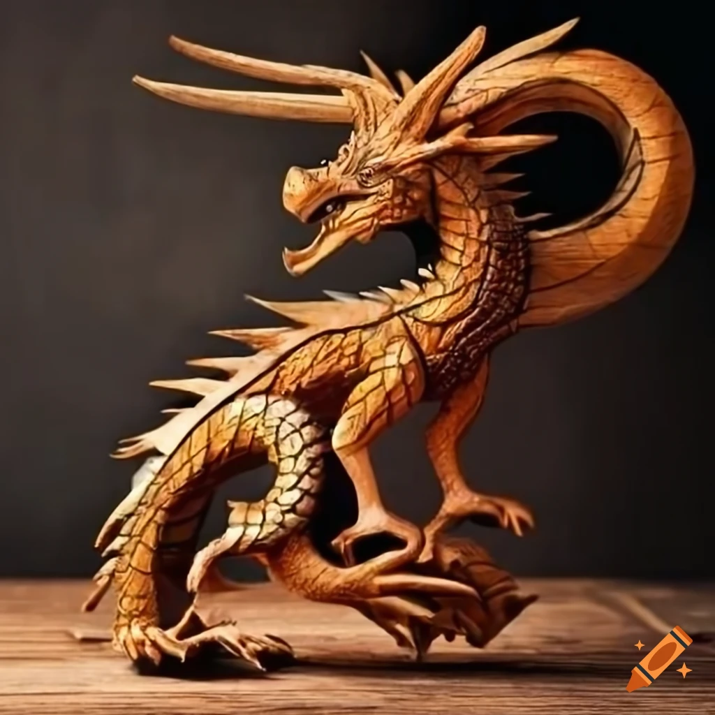 Wooden dragon sculpture on Craiyon
