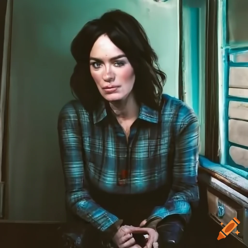 High-angle view of a woman in country plaid shirt and black leather trousers sitting in a ...