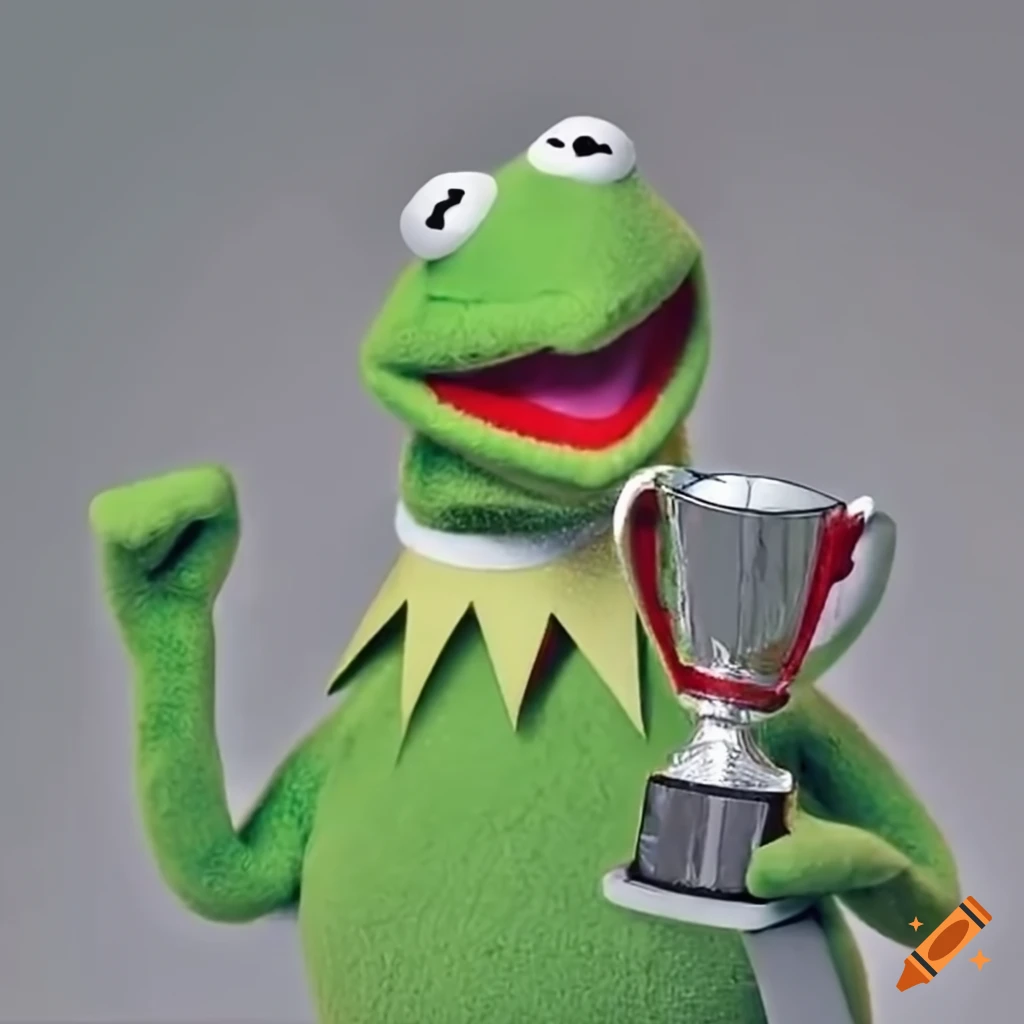 Kermit the frog in hockey sports gear celebrating with a trophy on Craiyon