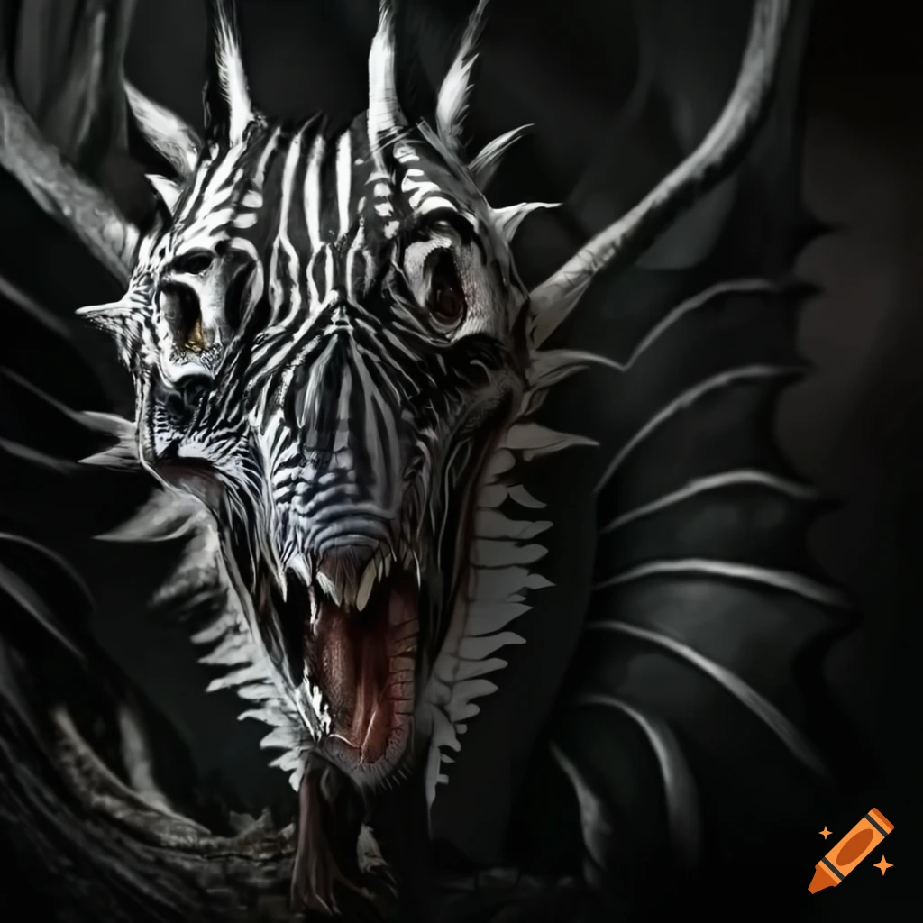 One dragon with black and white zebra stripes and brown eyes on Craiyon