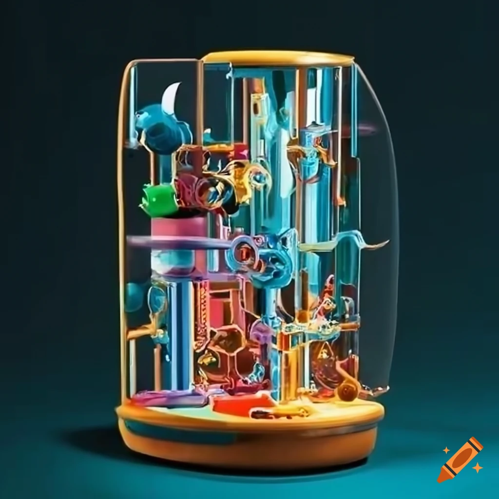 Surrealist puzzle machine system with glass, copper, plastic on Craiyon