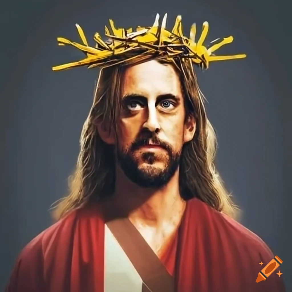 Depiction of aaron rodgers as jesus christ in front of a football ...