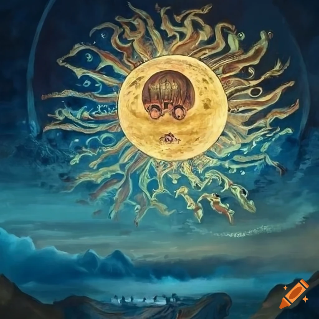 Illustration of sun and moon dancing in the sky during the golden age ...