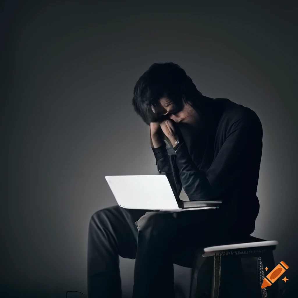 Sad man sitting in front of laptop in darkness on Craiyon