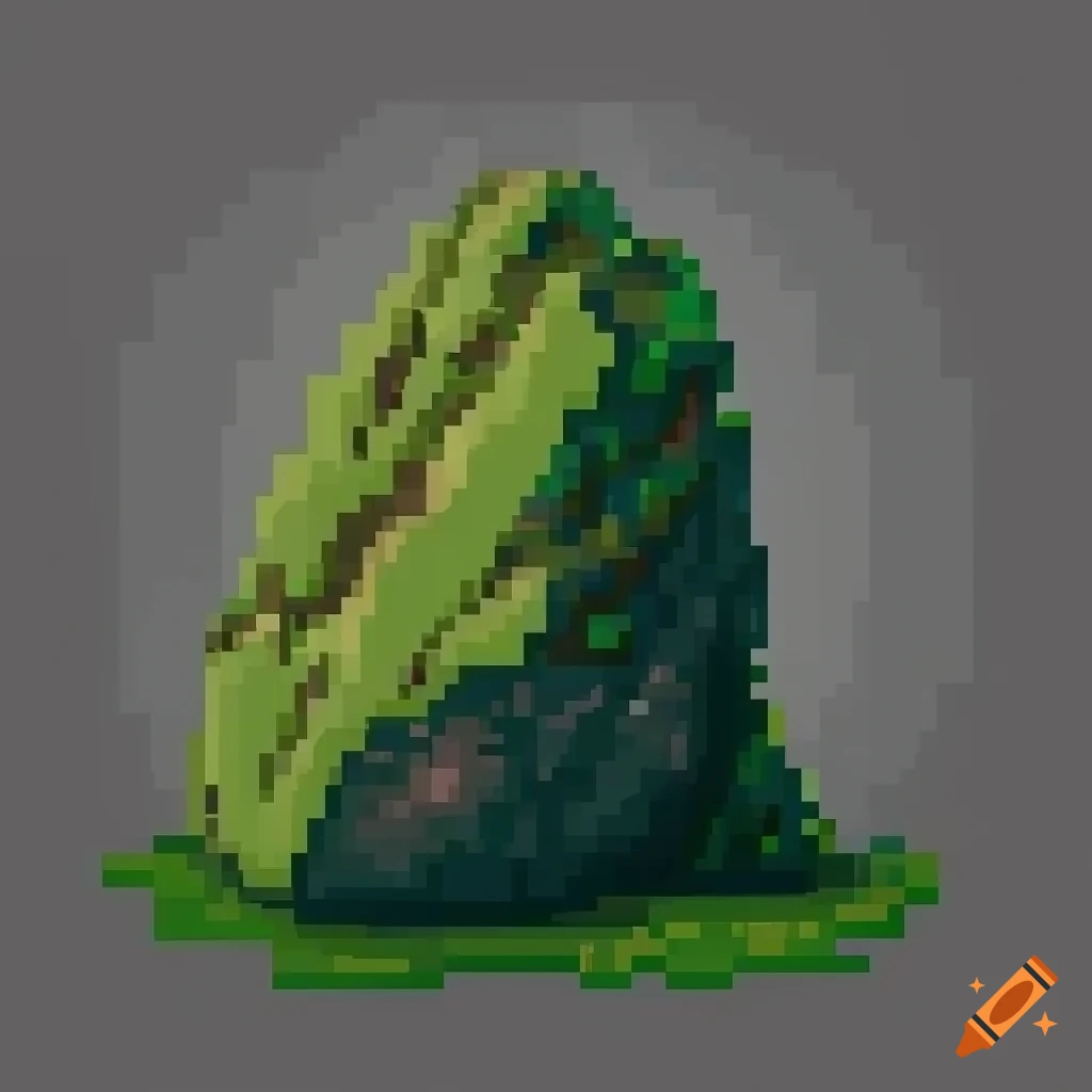 Detailed side view of moss-covered pixel art boulder on Craiyon