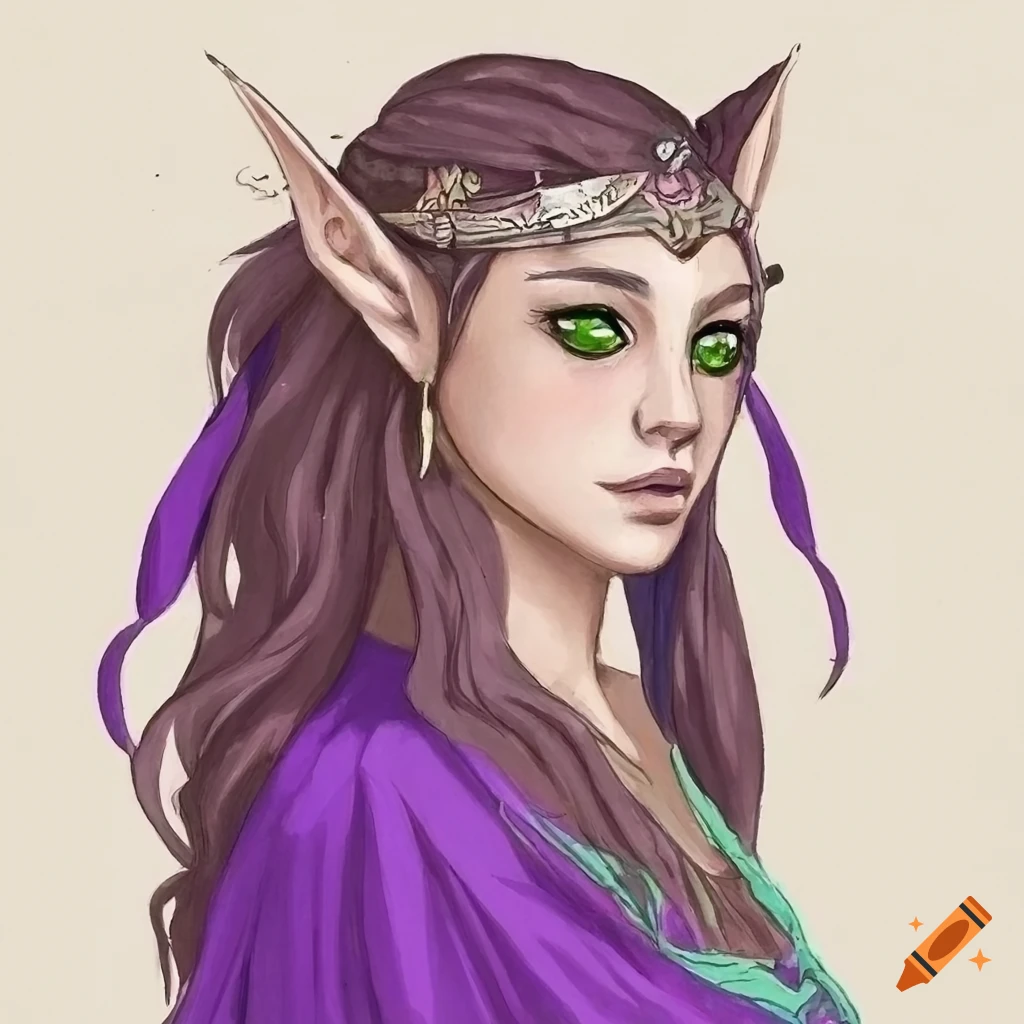 Handdrawn portrait of a young elven woman with cat-like green eyes ...