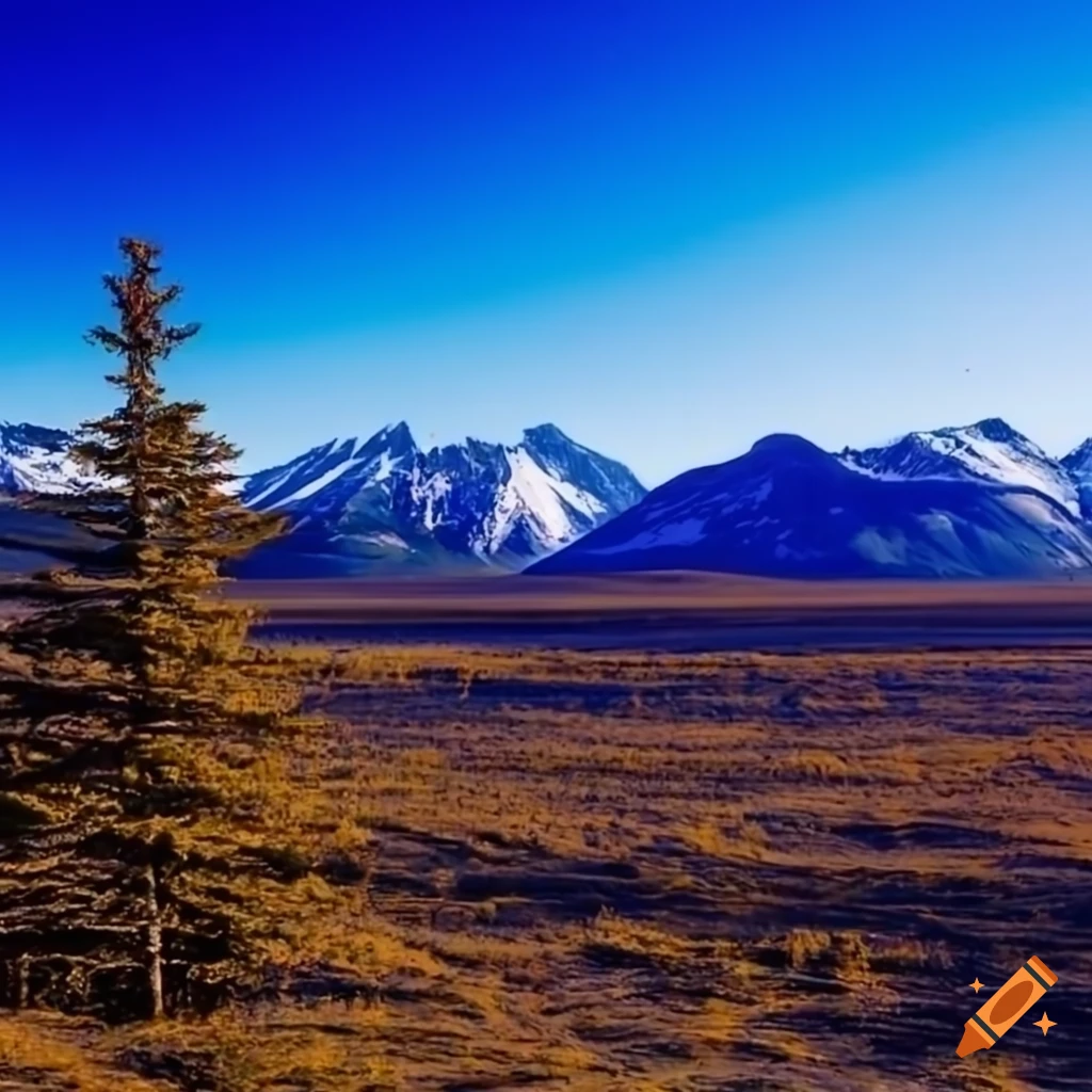 Dry summer arctic mountains with sparse spruce trees on Craiyon