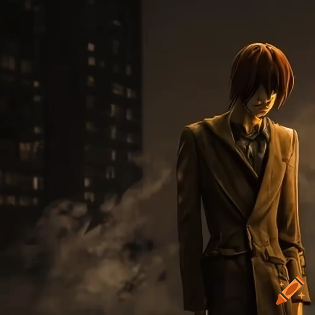 Yagami light from the death note smoking in the rain at night on Craiyon