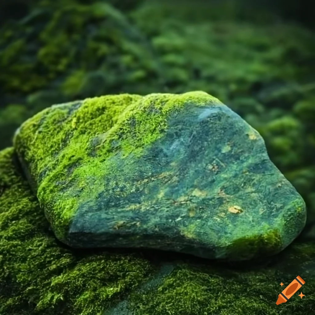 Flat stone slab surrounded by green moss on Craiyon