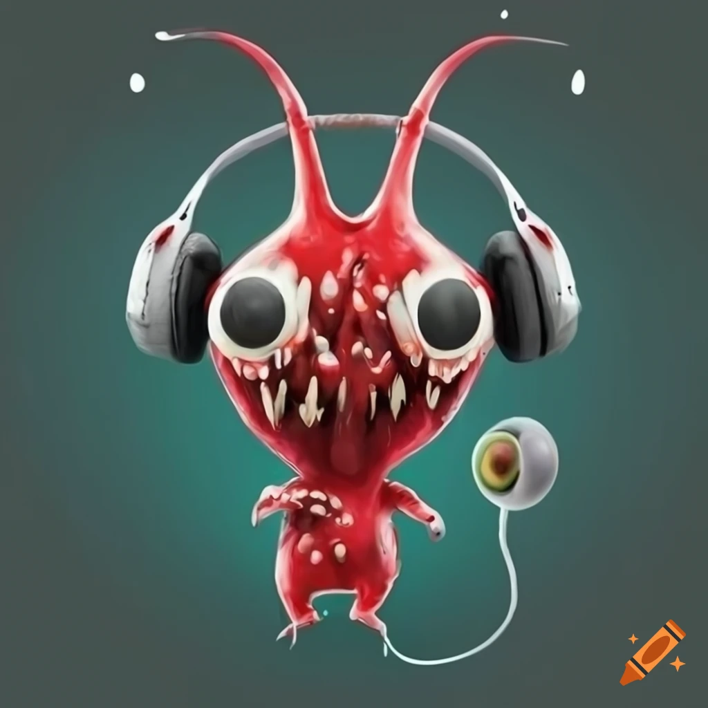 Cute alien pikmin wearing headphones in a fantasy setting on Craiyon