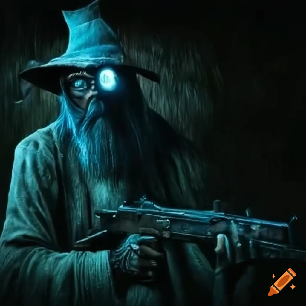 Wizard with a gun in the night vision woods on Craiyon