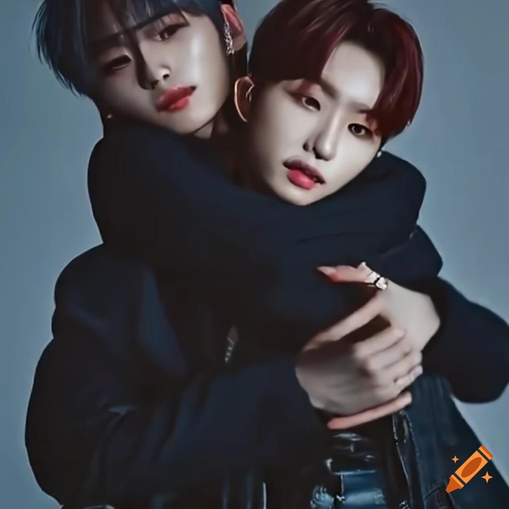 Han jisung and lee minho from stray kids hugging on Craiyon