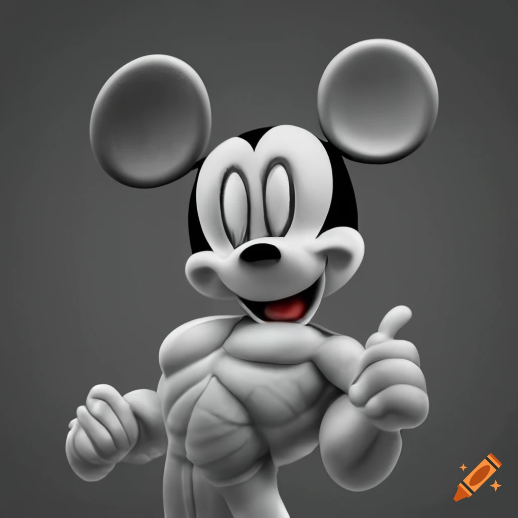 Muscle-bound mickey mouse in black and white on Craiyon