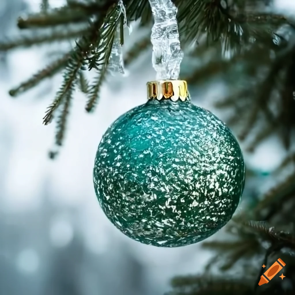 Christmas tree balls hanging from icy tree branches on Craiyon