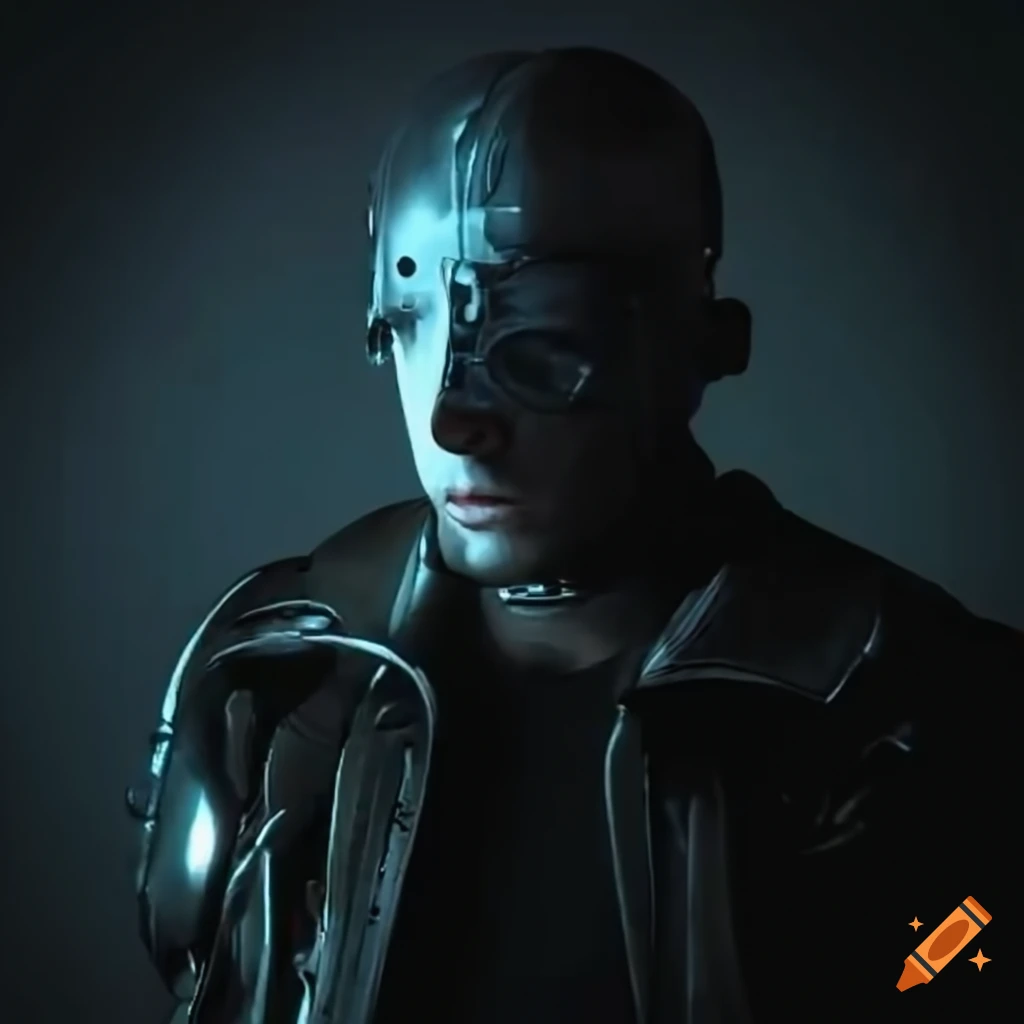 Futuristic cyborg DJ with a brooding expression wearing a chrome ...
