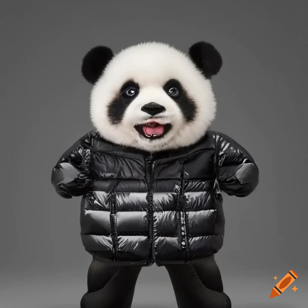 Panda wearing a black moncler maya jacket on Craiyon
