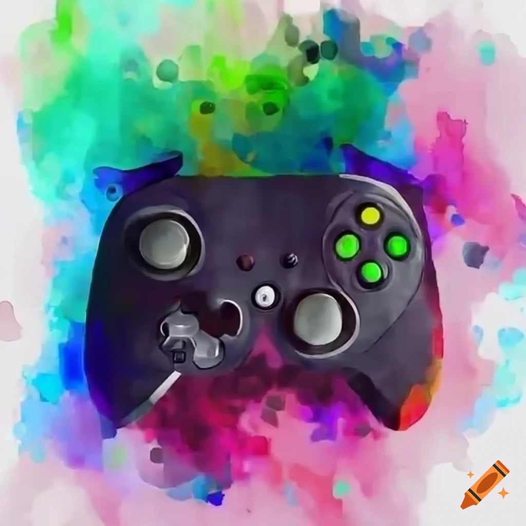 Black game console with colorful rgb buttons on white background on Craiyon