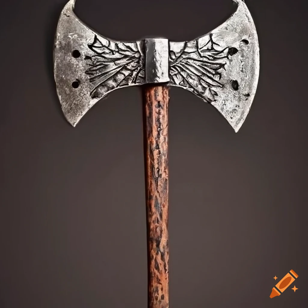 Intricately carved antique double-bladed axe on Craiyon