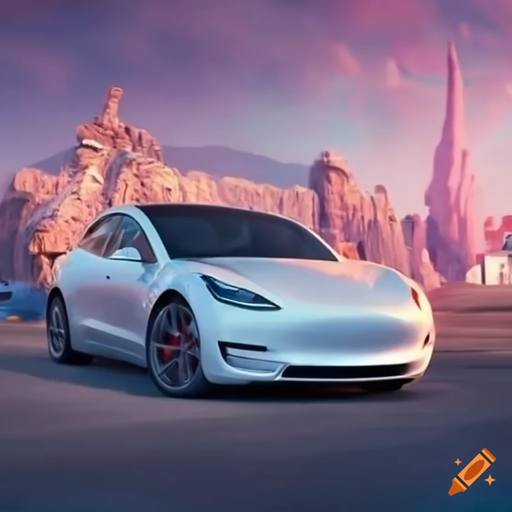 White tesla model 3 in the pixar movie cars on Craiyon