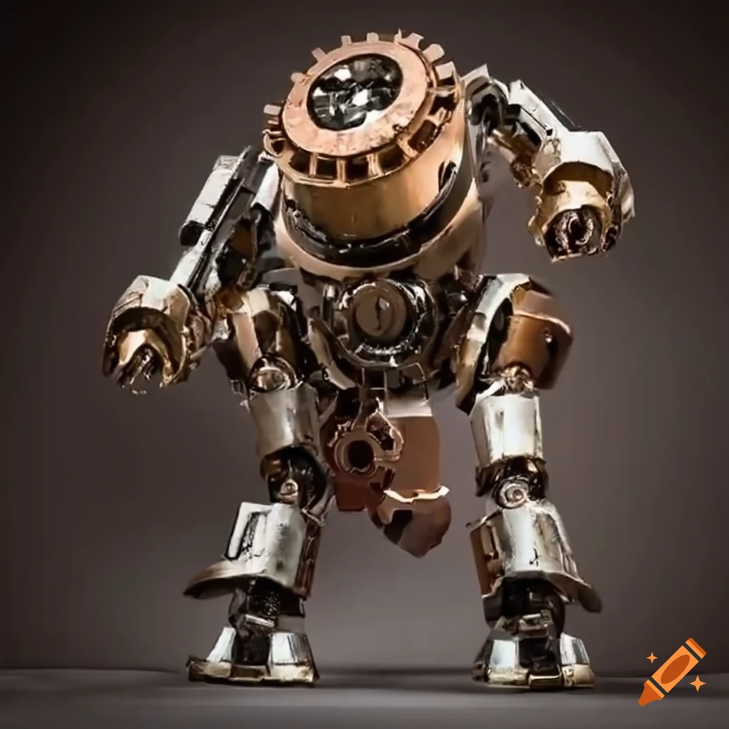 Small war robot made of gold, silver, copper, and liquid metal on Craiyon