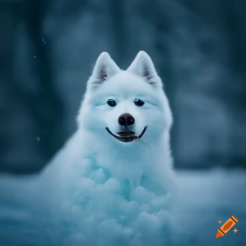 Samoyed surrounded by frozen icicles in the arctic on Craiyon