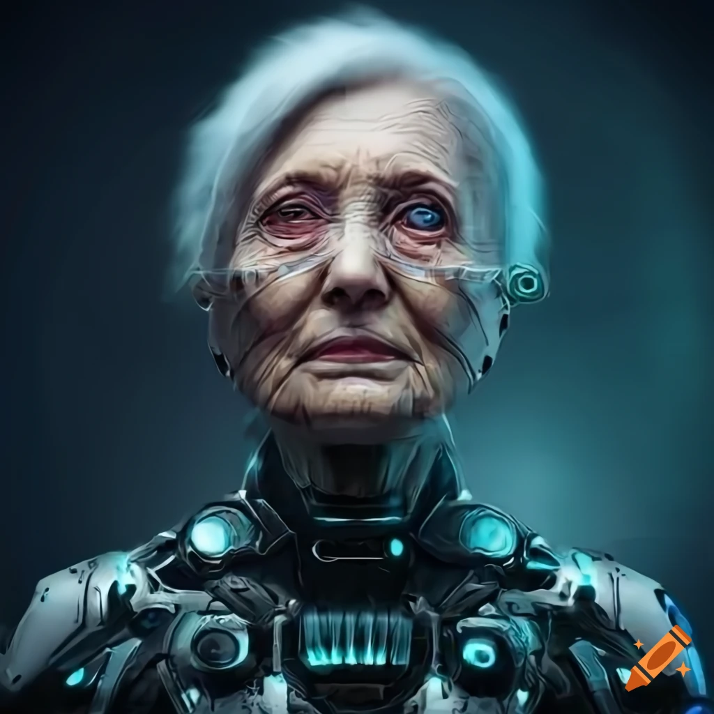 Photorealistic old woman cyborg in sci-fi surroundings on Craiyon