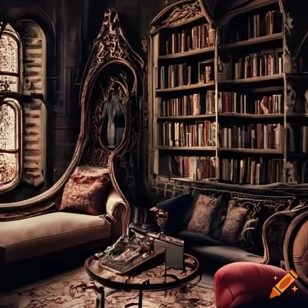 Mystical gothic house with a spooky lounge featuring a bookcase wall ...