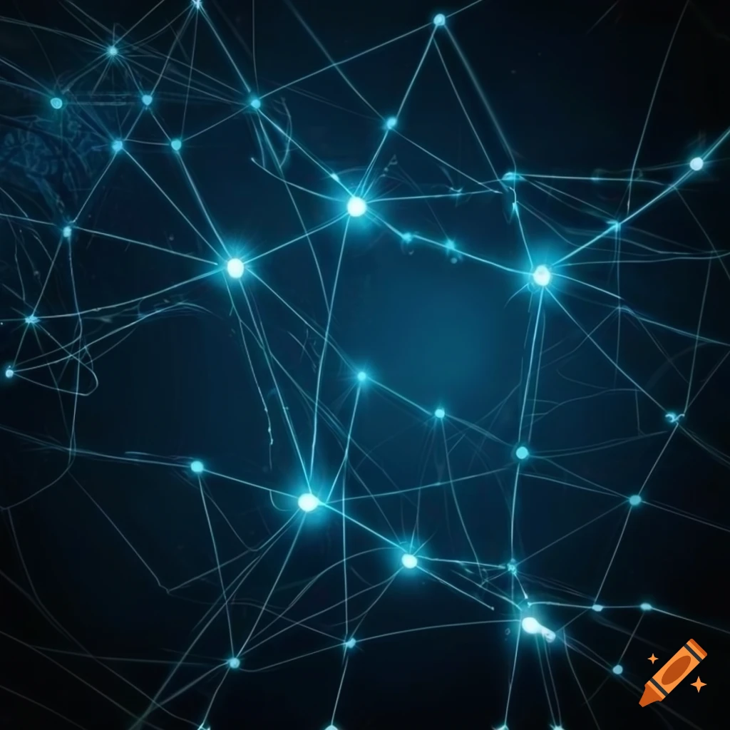 Connected network nodes on a dark background on Craiyon