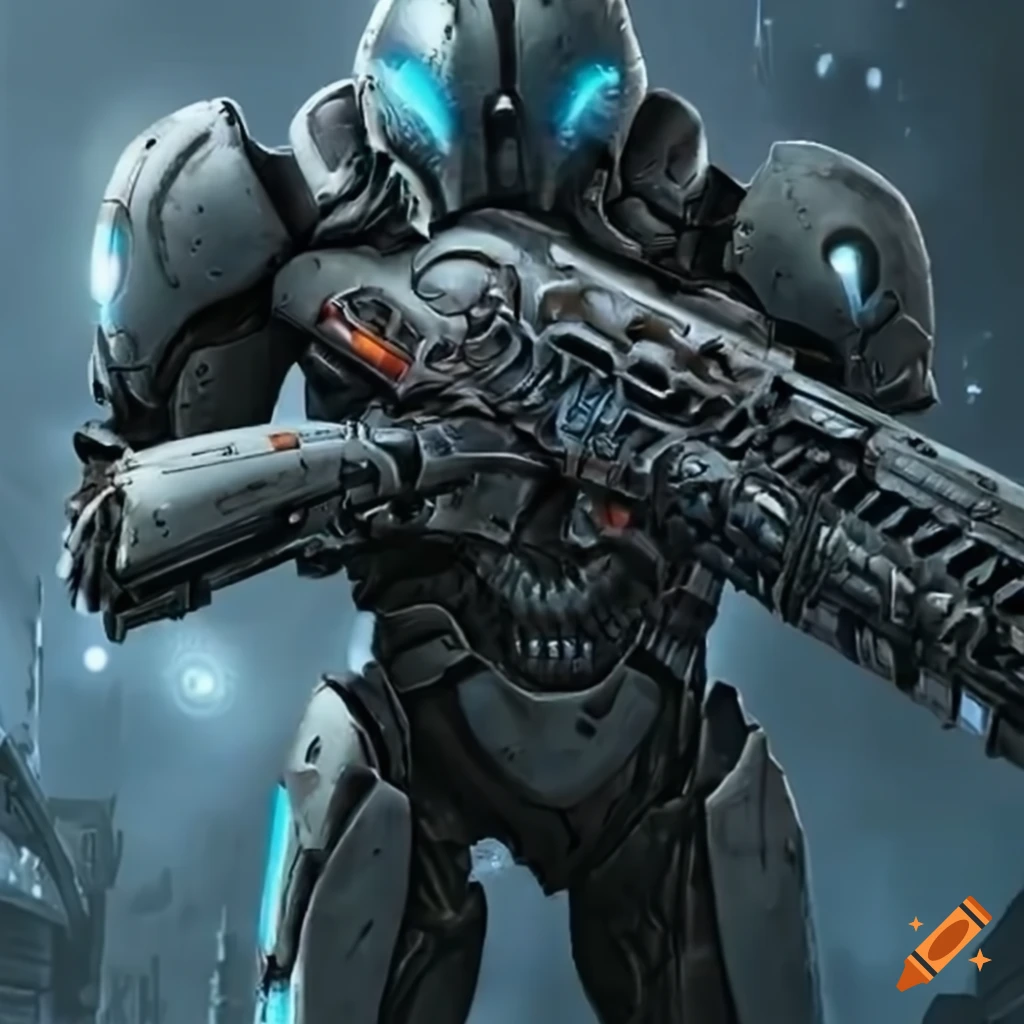 Alien sci-fi heavy armor with energy weapons on Craiyon