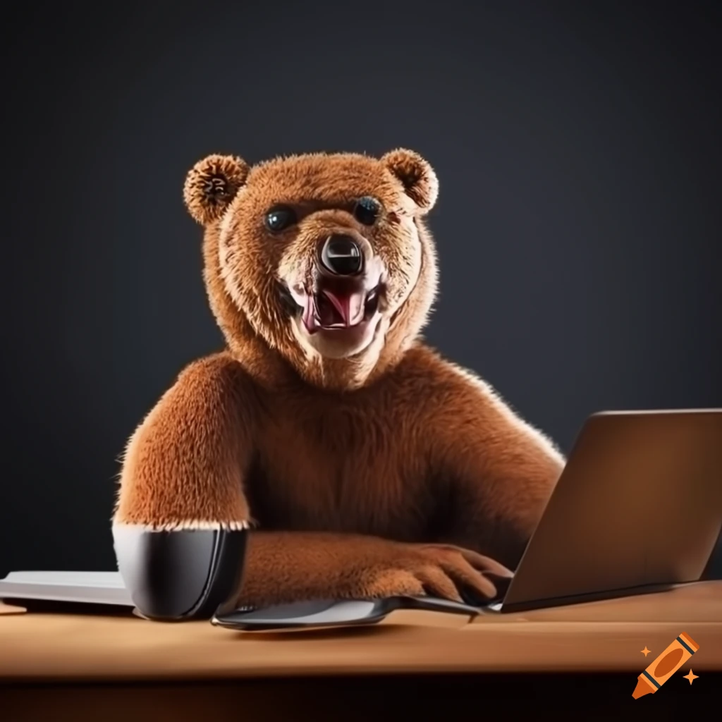 Bear with headset at a desk with a laptop in a podcast setting on Craiyon