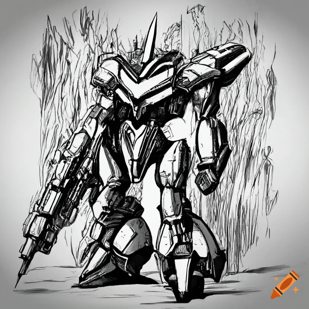 Detailed pen illustration of armored core in future-funk anime style on ...