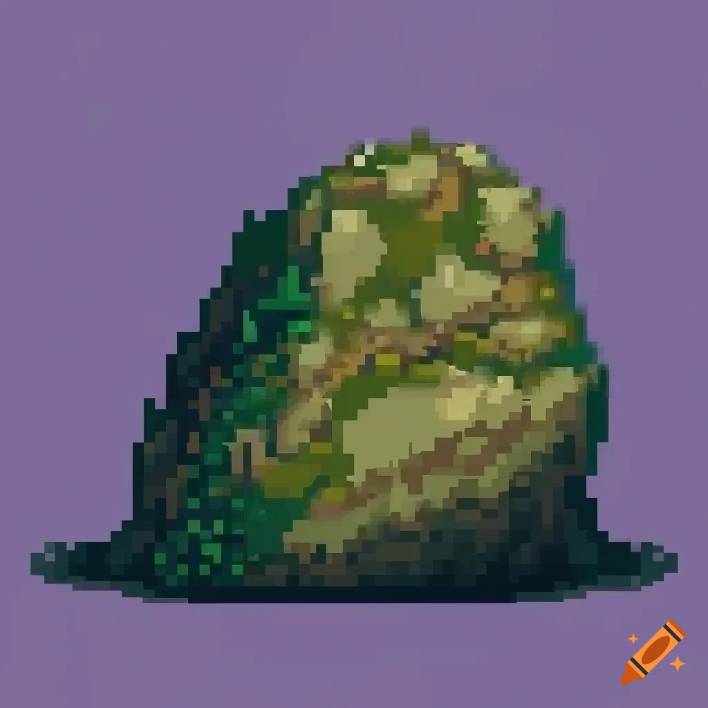 Detailed side view of moss-covered boulder in pixel art style on Craiyon