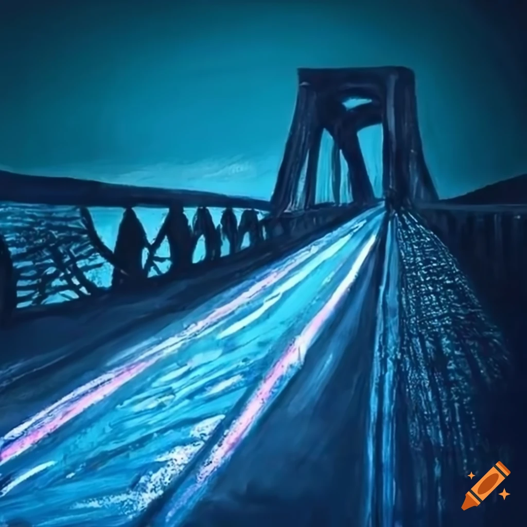 Blue chalk sketch of a bridge on Craiyon