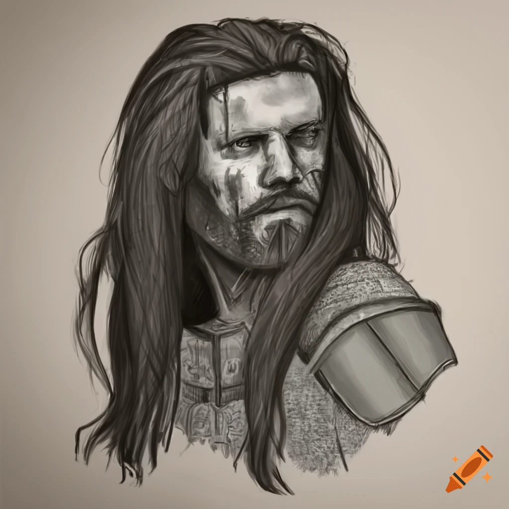 Knight captain with long hair wielding a two-handed sword in a medieval ...