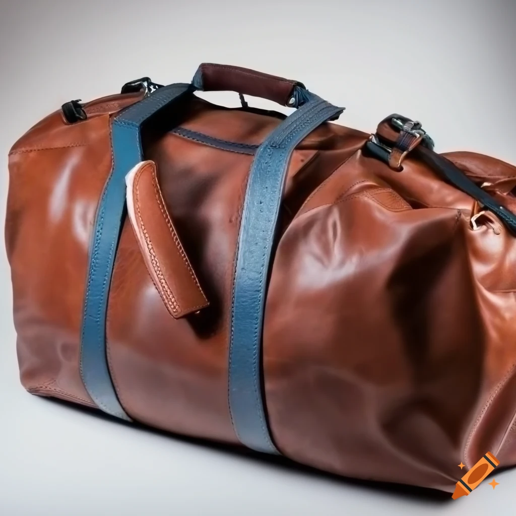 Top view of an unzipped leather duffle bag on Craiyon