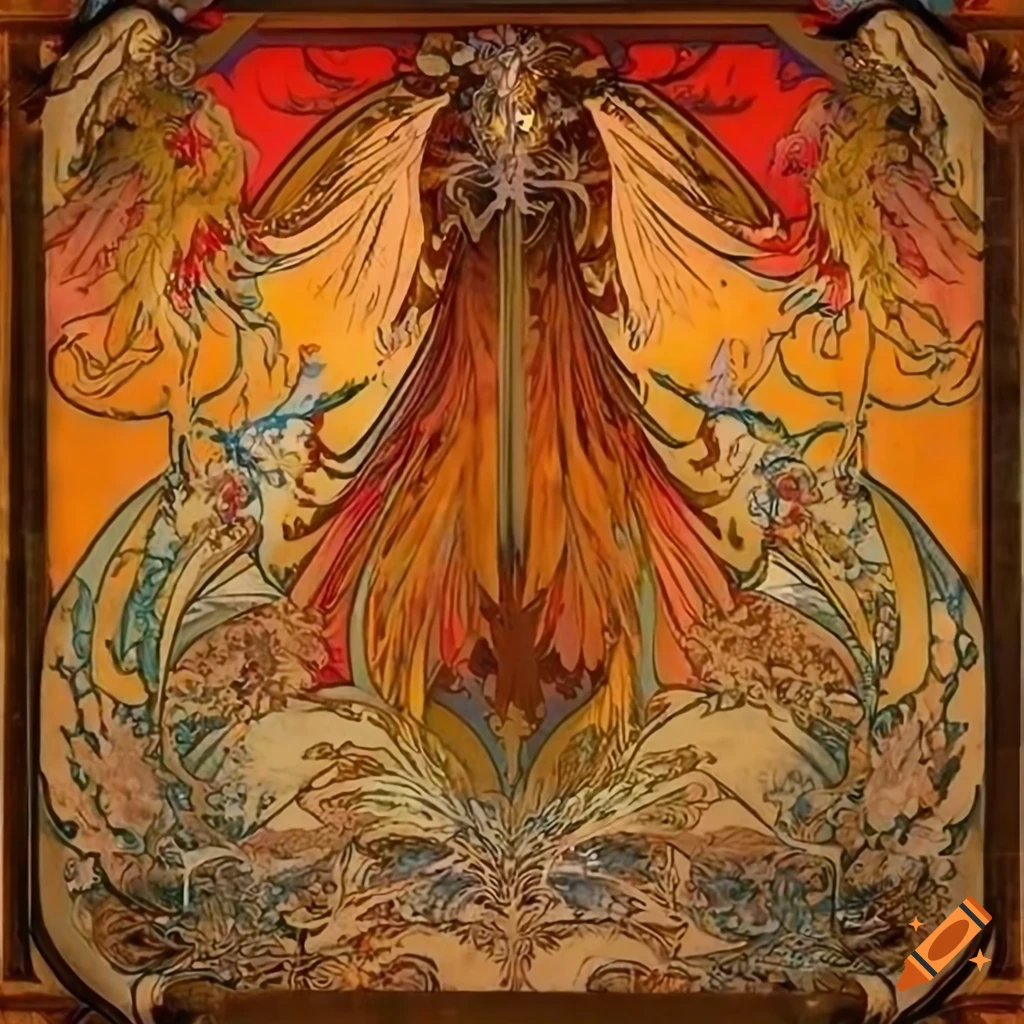 Colorful mural of a mythical phoenix bird rising from fire in the style ...