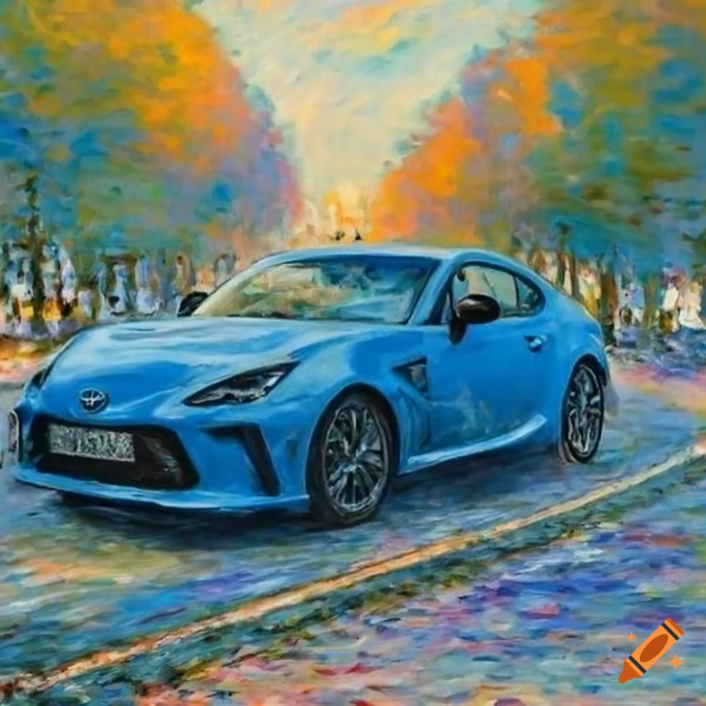 Claude Monet painting of a blue Toyota gr86 parked on the street on Craiyon