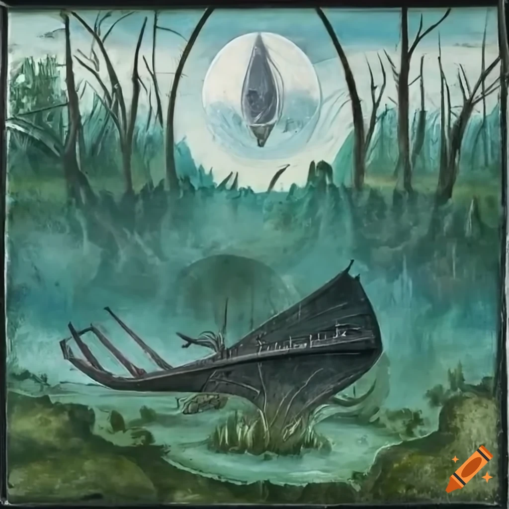 Medieval painting of a spaceship in an alien swamp on Craiyon