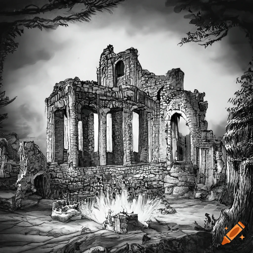 Detailed black and white pencil drawing of ancient ruins with a ...