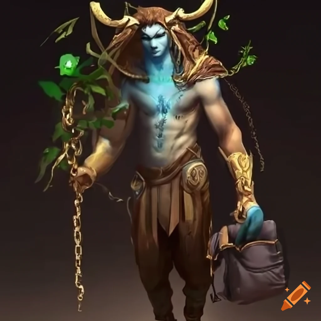 Druid male with gold hoop earring and chain, blue skin, and alien plant ...