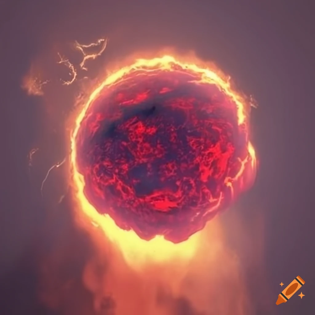 Gigantic fiery blood-red sphere with small flames on Craiyon