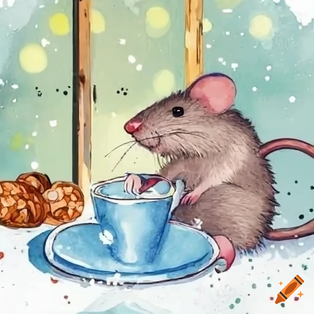 Mouse drinking tea by the window with snow outside and a bowl of nuts ...
