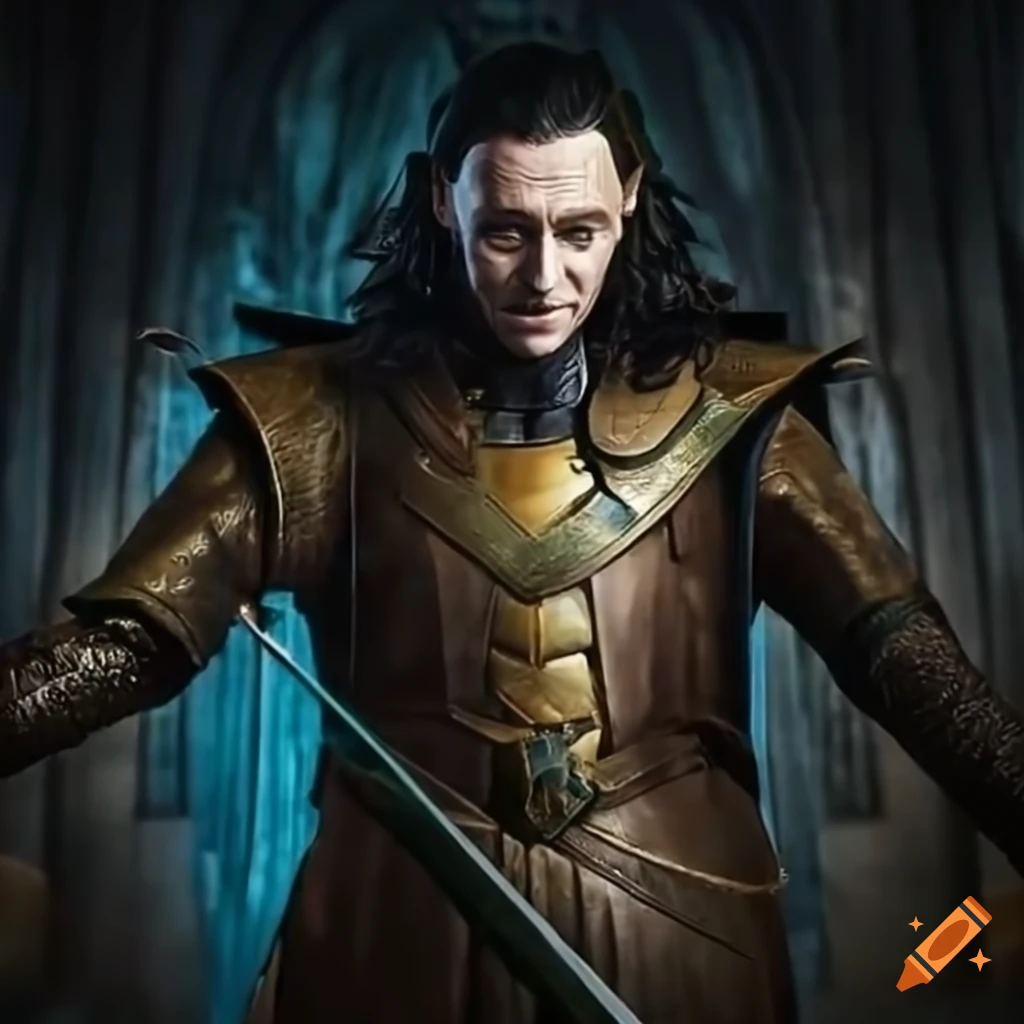 Loki holding a sword delivering a speech in the grand hall of ...