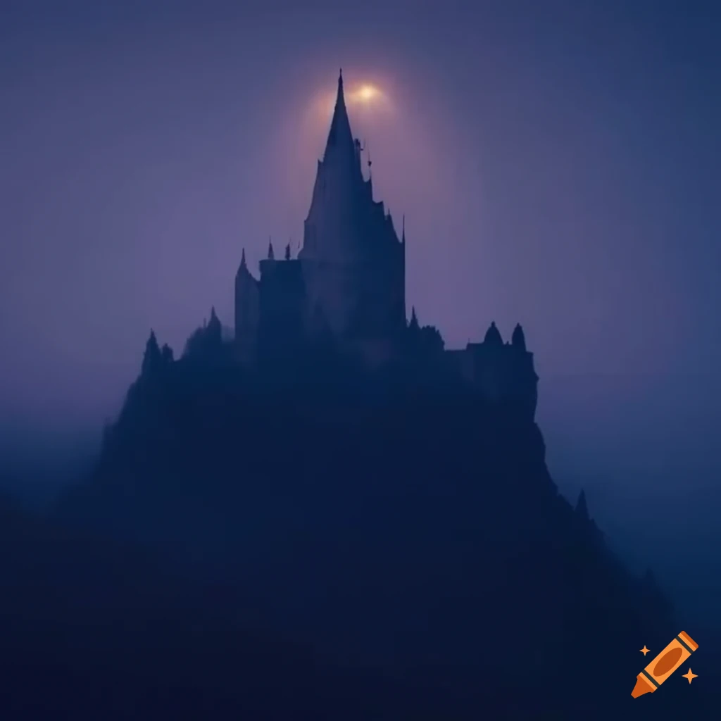 Foggy castle on mountain top at night on Craiyon
