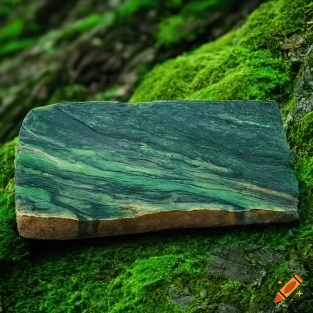 Flat stone slab covered in green moss on Craiyon