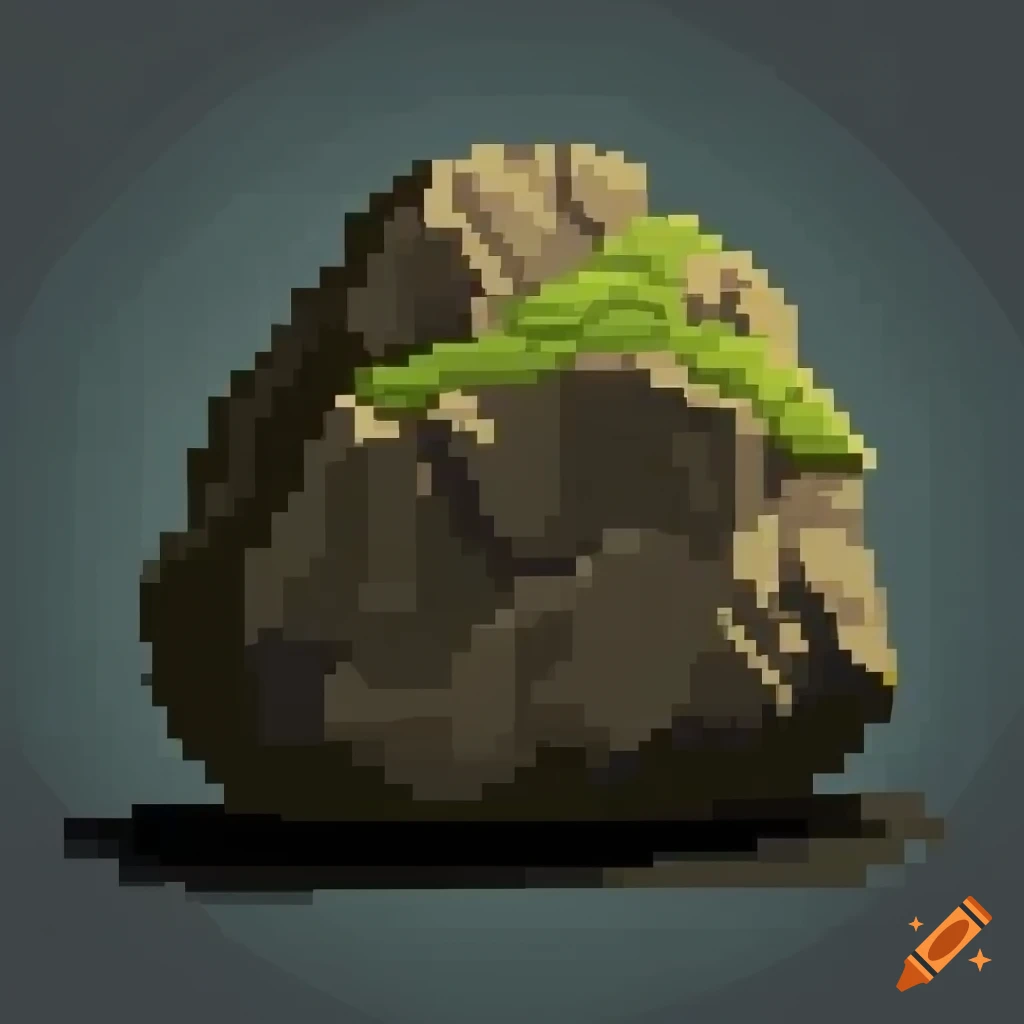 Detailed side view of moss-covered boulder in pixel art style on Craiyon