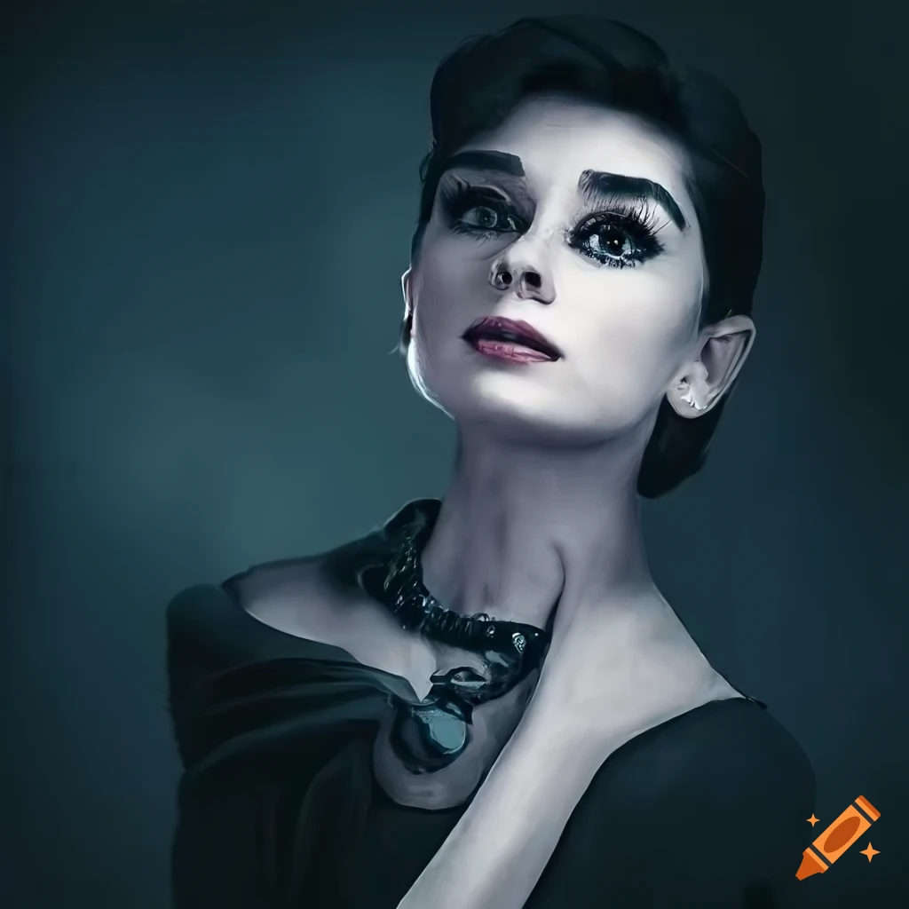 Young woman with a look resembling Audrey Hepburn in a photo-realistic gothic style on Craiyon