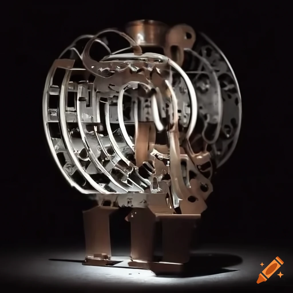 Surreal puzzle machine system made of glass, copper, and plastic on Craiyon