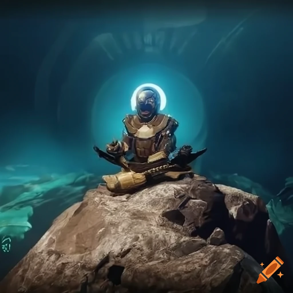 Destiny 2 hunter sitting on a rock in the middle of the ocean on Craiyon
